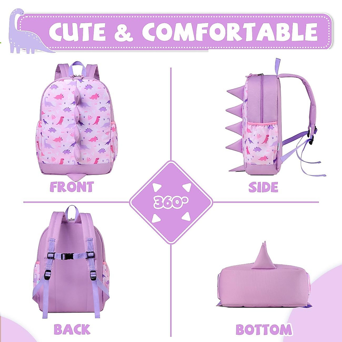 VASCHY Dinosaur Toddler Backpacks, Cute Water Resistant Little Boys Girls Backpack Chest Strap for Kindergarten,Rucksack Schoolbag Bookbag for Kids Pink