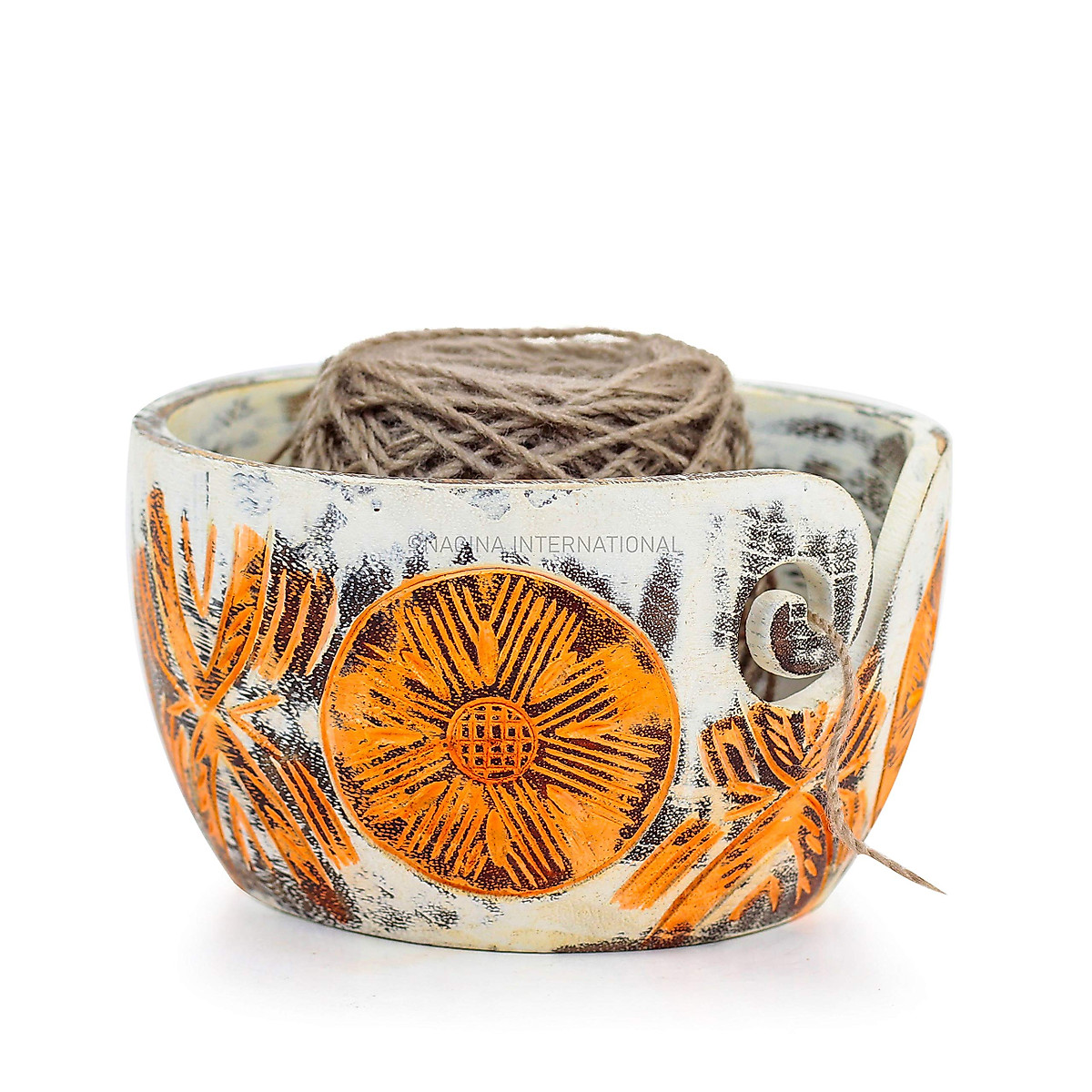 Exquisite Premium Yarn Ball Storage Bowls | Hand Painted Lovely Decor Yet Functional Yarn Dispenser (Large (7 x 4 x 7 Inches), Almond Brown)