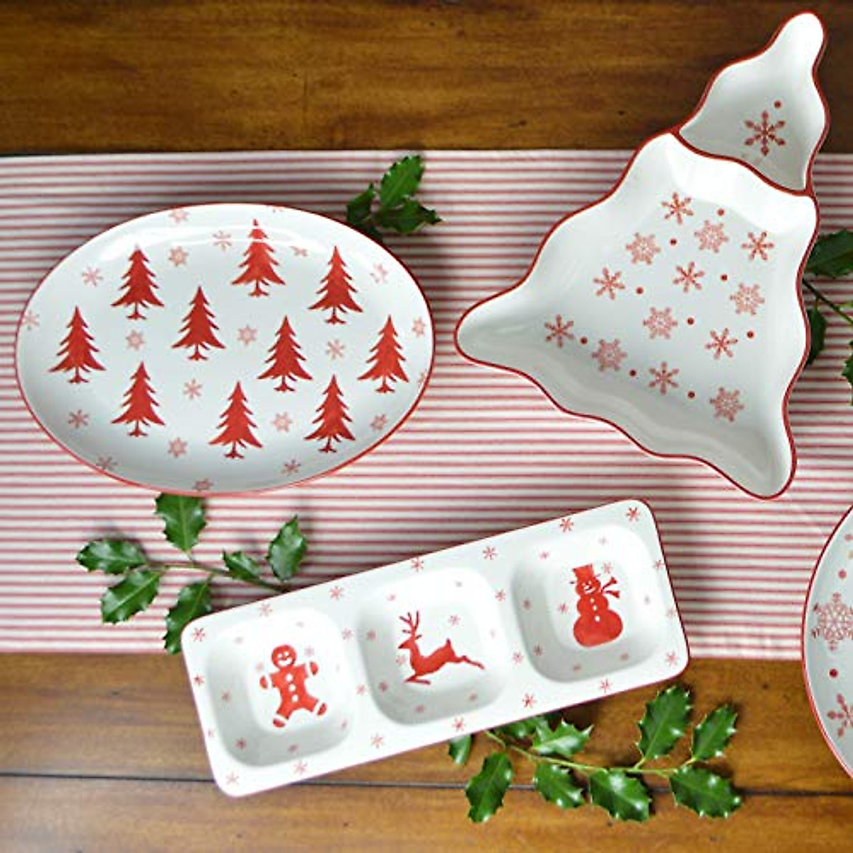 Euro Ceramica Winterfest Collection Festive 16.1" Ceramic 3 Part Divided Appetizer Tray, Hand-Stamped Holiday Design, Red & White