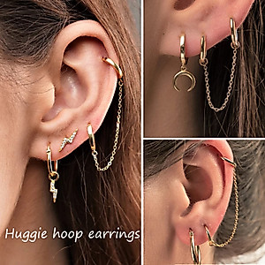 Chain Double Hoop Earrings for Double Piercing: 3 Pairs 14K Gold Plated Lightweight Huggie Hoop Earrings, Cartilage Hoop Earring Helix Piercing Jewelry for Women (Gold)