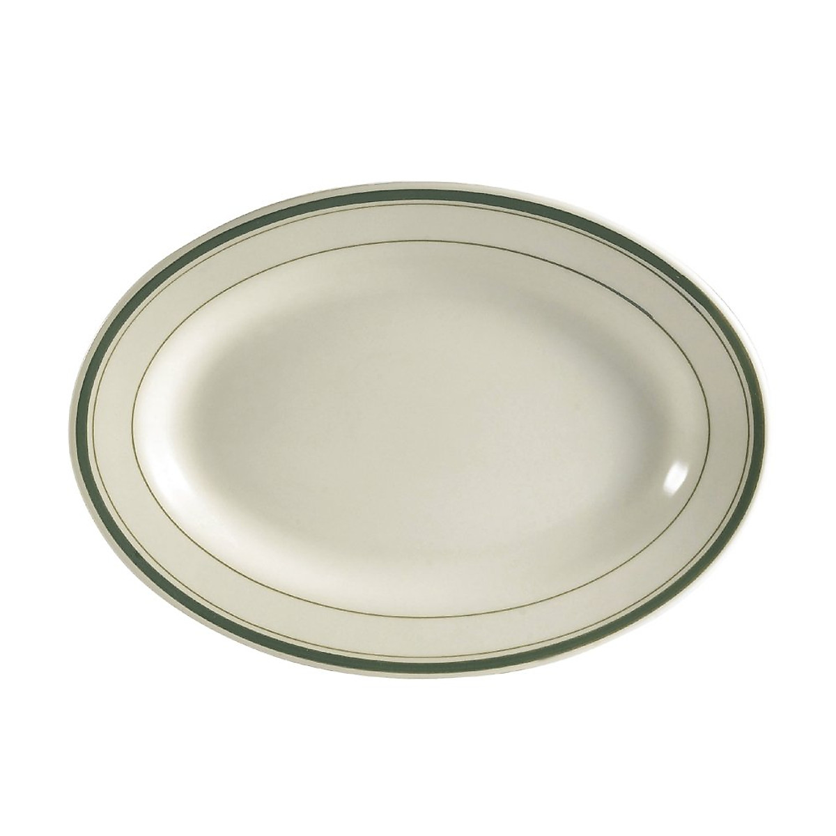CAC China GS-41 13-1/2-Inch by 9-1/4-Inch Greenbrier Green Band Stoneware Oval Platter, American White, Box of 12