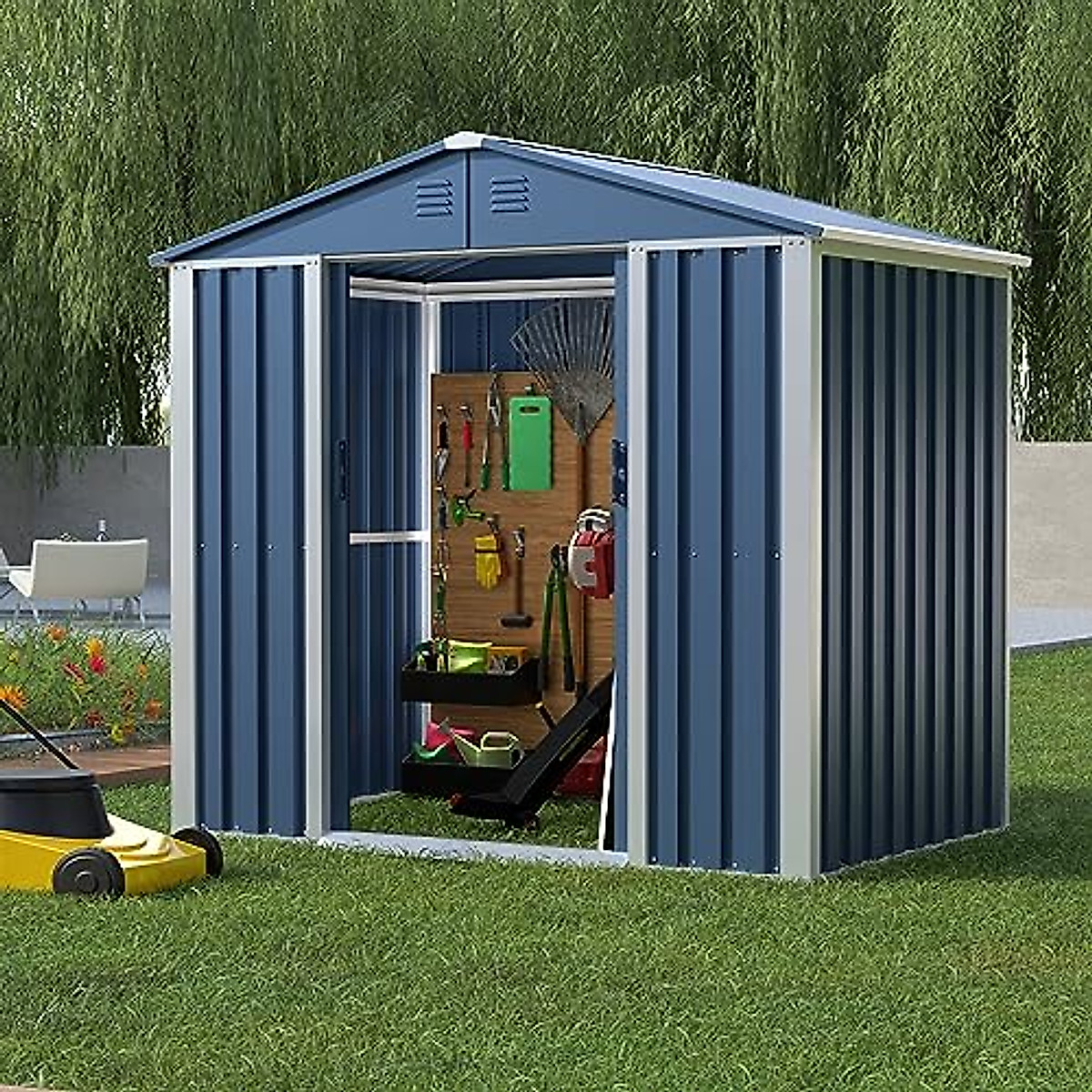 SUXXAN Metal Outdoor Storage Shed 6.5FT x 4FT, Steel Utility Tool Shed Storage House with Sliding Door, Metal Sheds Outdoor Storage for Backyard Garden Patio Lawn, Blue