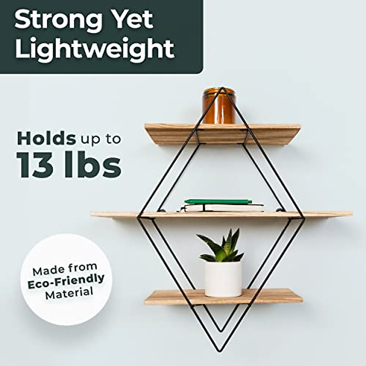 Greenco Geometric Diamond Shaped 3 Tier Mounted Floating Shelves, Rustic Wood Wall Storage Shelves for Bedroom, Living Room, Bathroom, Kitchen, Office, Natural Finish