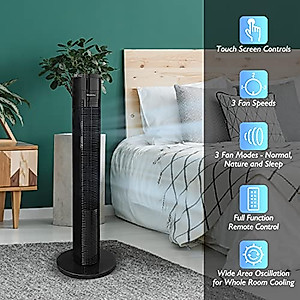 Comfort Zone CZTF361RBK 36" 3-Speed Oscillating Tower Fan with 3 Mode Settings, 7-Hour Timer, and Remote Control, Black