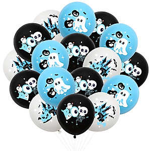 Kreatwow Halloween Baby Shower Balloon Boy 45pcs Blue Black Halloween Balloon Baby Shower Decor with Pumpkin Skull Bat Ghost Print for Halloween Birthday Party Little Boo Happy Boo Day Baby Shower