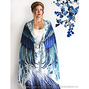 Pure Silk Wearable Artistic Hand Painted Bird Wing Feather Scarf (Blue Wings)