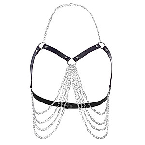 Ludress Punk Layered Chest Chain Black Leather Bar Chain Rave Cricle Body Chain Ring Vest Harness Body Jewelry Cospaly Nightclub Accessory for Women