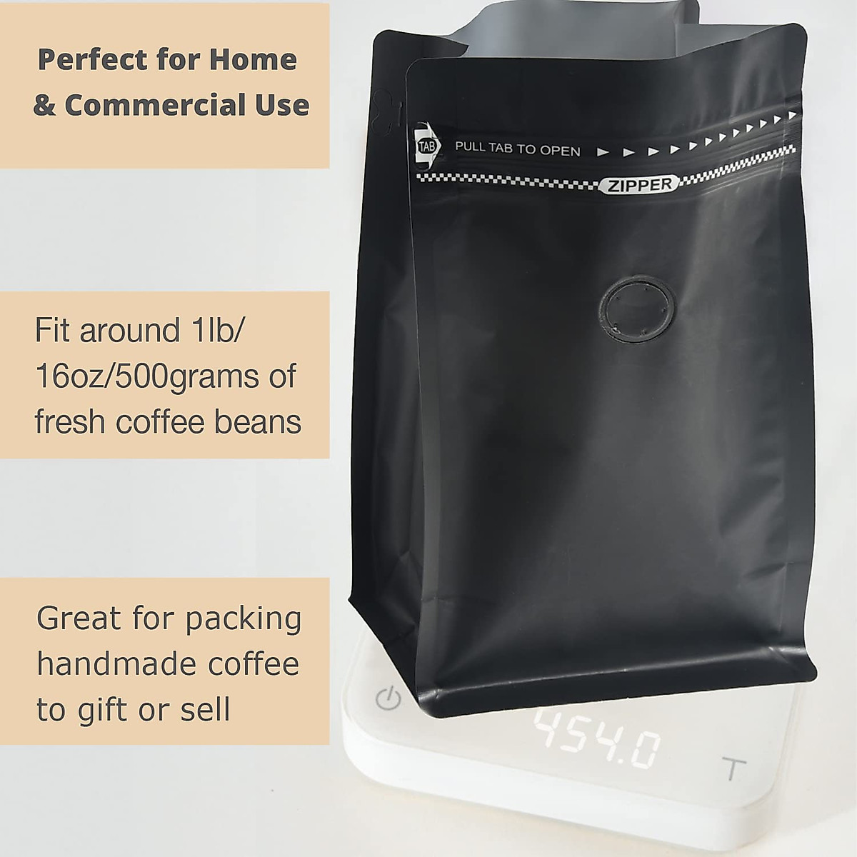 Pack of 50 1 LB Black Color Foil Coffee Bags - High Barrier Aluminum Foil - Flat Bottom Coffee Pouches with Degassing Valve, Food Storage Bags with Rsealable Zipper & Easy Open Tape (50 Pieces,