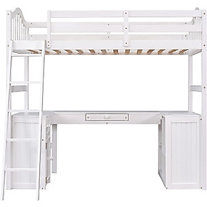 Harper & Bright Designs Twin Size Loft Bed with Desk, Wood Loft Bed Twin with Drawers, Cabinet, Shelves, Kids Loft Twin Bed with Desk and Storage for Girls Boys Teens,No Box Spring Needed,White
