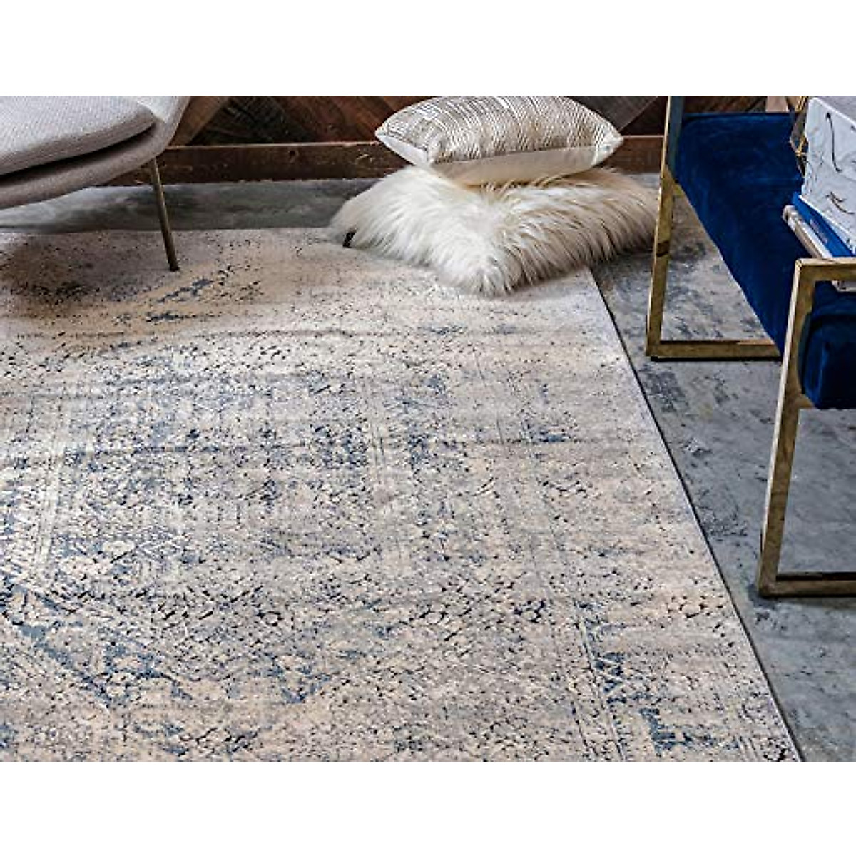 Unique Loom Chateau Collection Traditional, Vintage, Textured, Medallion, Distressed, Victorian Area Rug, 5 ft x 8 ft, Navy Blue/Beige