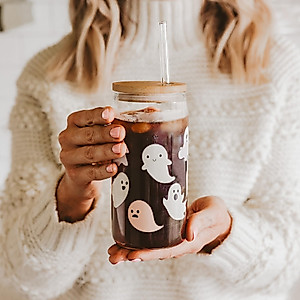 Sweet Water Decor Pink Ghost Can Glass Cup with Bamboo Lid and Straw - Iced Coffee Glass with Ghost Pattern for Seasonal Brew & Festive Cocktail - Halloween Glass Cups Designed in the USA - 17oz