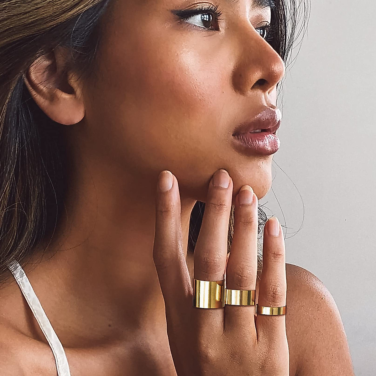 Bandmax Women Cuff Stacking Band Rings 18K Gold Plated Wide Big Plain Dome Ring Sets Stackable for Men Flat Wide Cuff Ring Fancy Wedding Rings 5/10/17MM