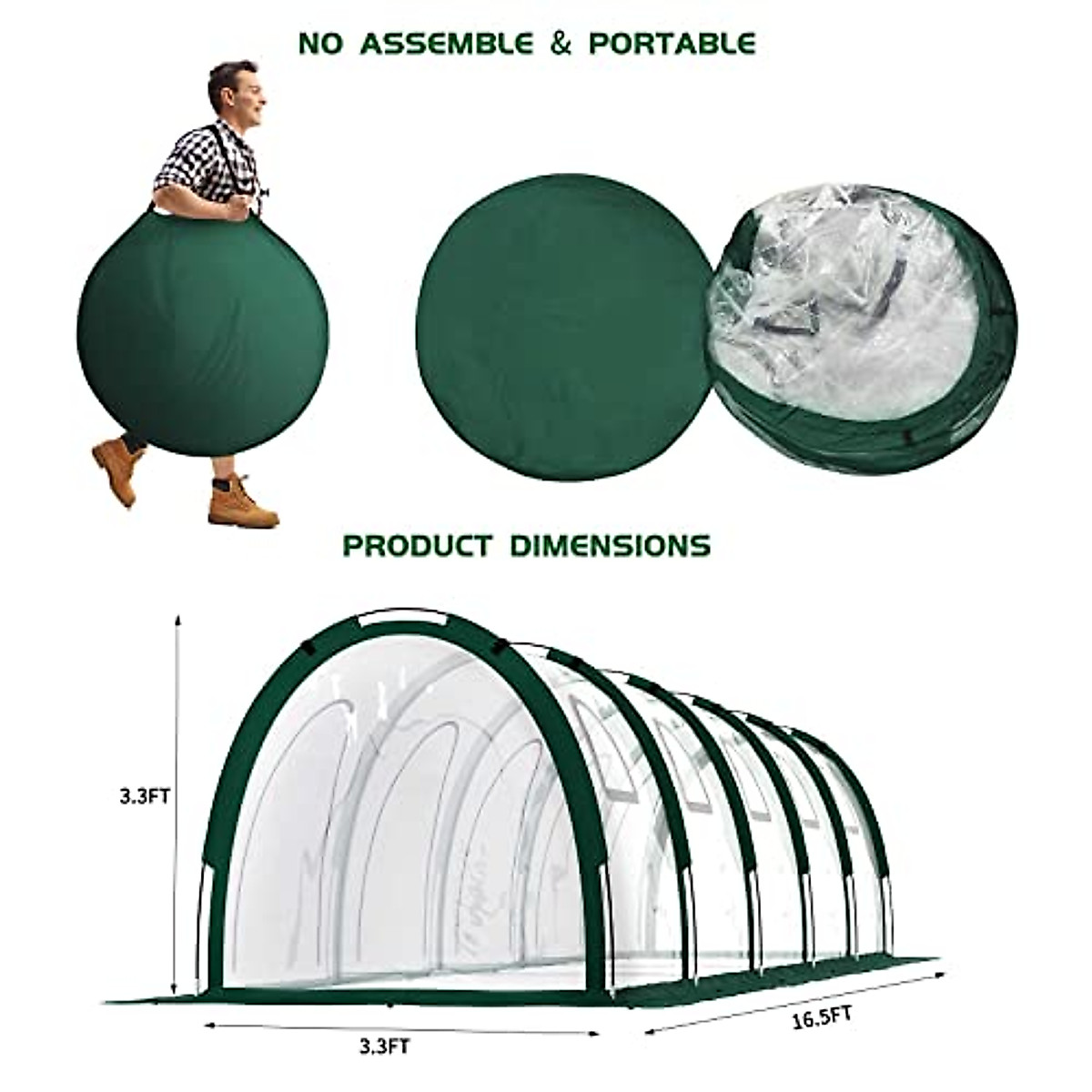 Pop Up Greenhouse 16.5x3.3x3.3FT Flower House Mini Gardening Plant Flower Sunshine Room Tunnel Garden PVC Greenhouse Cover for Cold Frost Protector Gardening Plants