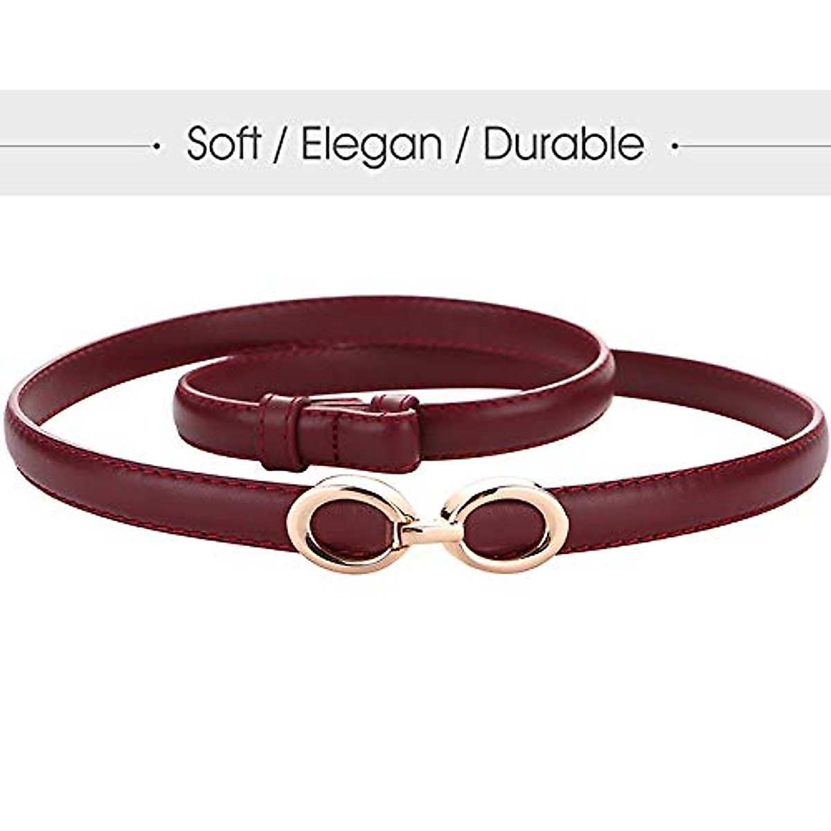 ALAIX Women's Leather Skinny Belt for Dress Adjustable Thin Waist Belt for Lady Waistband with Golden Buckle Winered