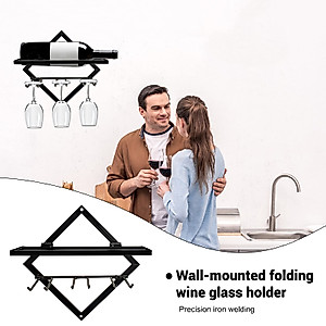 AUHOKY Metal Wall Mounted Wine Holder Stemware Glass Rack, Collapsible Hanging Red Wine Racks Organizer with 3 Stem Glass Holders, Wine Bottle Display Hanger for Home Kitchen Bar Decor