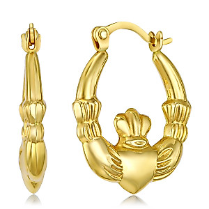 14k REAL Yellow Gold Fancy Claddagh Hoop Earrings (15 x 15mm)