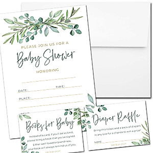 Set of 25 Baby Shower Invitations with Envelopes, Diaper Raffle Tickets and Baby Shower Book Request Cards - Eucalyptus