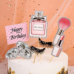 Weenkeey 15 PCS Makeup Cupcake Toppers Cosmetics Theme Happy Birthday Cake Toppers Lipstick Eyelashes Makeup Brushes Diamond Perfume Bottle Cake Picks for Bridal Shower Girls Birthday Party