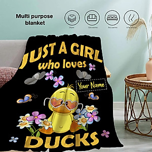 Just A Girl Who Loves Ducks Personalized Blanket Cute Duck Custom Name Throw Blankets Gifts for Girl Boys Flannel Fleece Cartoon Kawaii Animal Customized Blankets for Kids Lap Chair Bed 50x40In