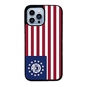 Betsy Ross Flag Personalized Monogram Apple iPhone Black Rubber Phone Case Compatible with iPhone 14 Pro Max, Pro, Max, iPhone 13 Pro Max Mini, 12 Pro Max Mini, 11 Pro Max X XS Max XR 8 7 Plus
