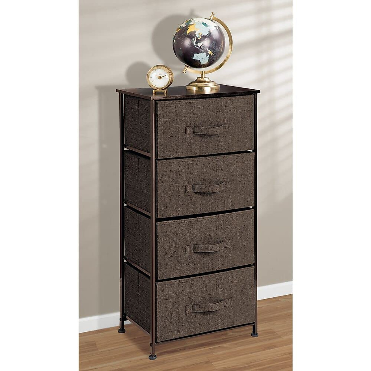 mDesign Tall Dresser Storage Tower Stand with 4 Removable Fabric Drawers - Steel Frame, Wood Top Organizer for Bedroom, Entryway, Closet - Lido Collection - Espresso Brown