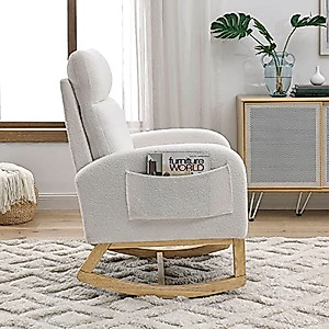 KIVENJAJA Rocking Chair Nursery, Modern Teddy Velvet Upholstered Nursing Glider Rocker Armchair, Comfy Accent Arm Chair with Side Pockets & High Pillowback for Living Room Baby Room, White
