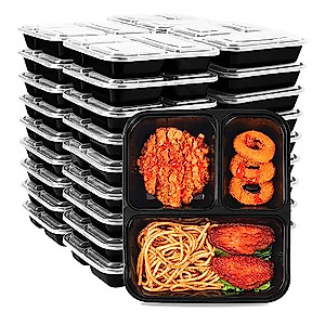 Moretoes 50 Pack 32 oz Meal Prep Containers 3 Compartment Plastic Food Storages with Lids, Reusable Food Take-Out Lunch Box Microwave/Freezer/Dishwasher Safe