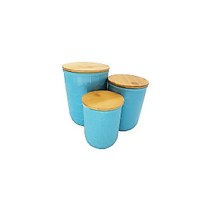 First of a Kind Kitchen Canisters - Blue Stoneware Canisters with Bamboo Lids, Set of 3 Storage Canister Container Set - Honeycomb Design, Ceramic Food Canister Jars for Tea, Sugar & Flour Storage