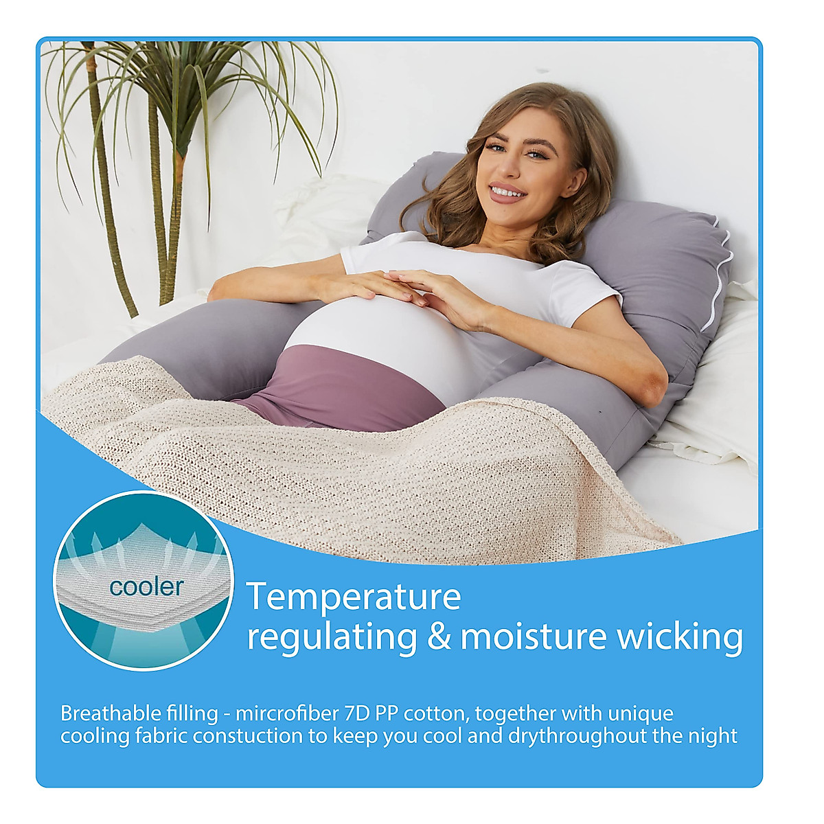 ZZZhen Pregnancy Pillow for Sleeping, U Shaped Maternity Pillow - 56 Inch with Grey Microfiber Removable Cover, Multi- Use and Support Back, HIPS, Legs, Belly for Pregnant Women Sleeping