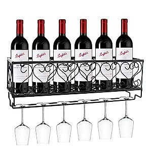 Wine Rack Wall Mounted with Wine Glass Holder - Metal Hanging Wine Rack with Wine Aerator Pourer, Wall Wine Rack for Wine Storage, Black Wine Rack for Kitchen Bar Shelves, Holds 6 Bottles & 5 Glasses