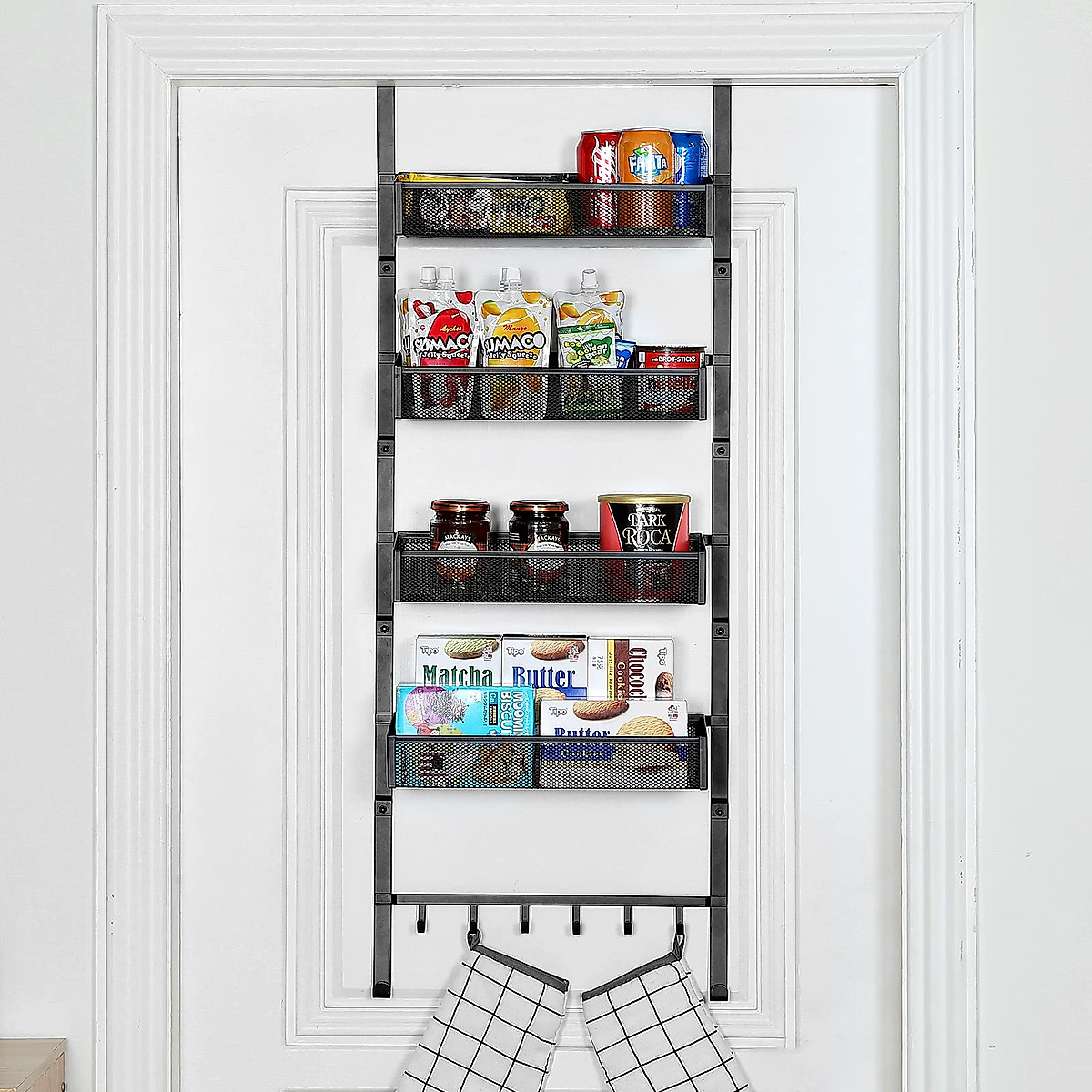keomaisyto Upgrade Over the Door Organizer with Hooks &Baskets, 5 Tier Wall Mounted Pantry Door Organizer Hanging Spice Rack for Kitchen, Metal Back of Door Storage for Spice Snack Black