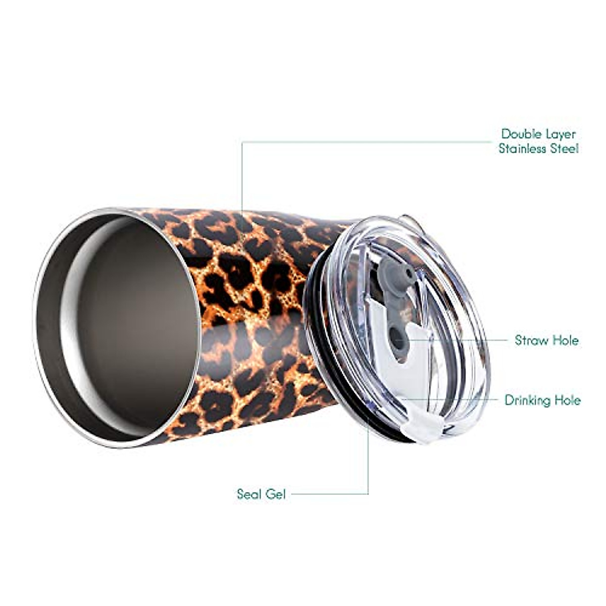 BR JUNKER 30 oz. Tumbler Double Wall Stainless Steel Vacuum Insulation Travel Mug with Crystal Clear Lid and Straw, Water Coffee Cup for Home,Office,School, Ice Drink, Hot Beverage,Leopard,Slim