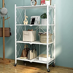 VOLPONE Metal Storage Shelves with Wheels Foldable Garage Shelving No Assembly Shelving Unit for Kitchen Bathroom White 4 Tier