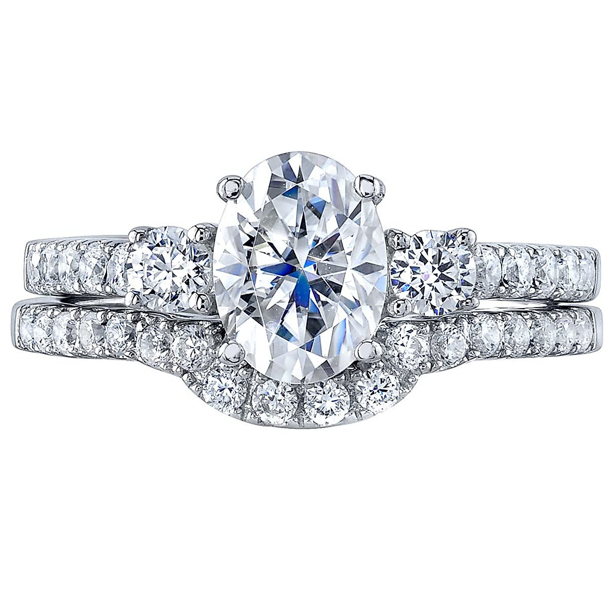 PEORA Moissanite Oval Cut Engagement Ring and Wedding Band Bridal Set in Sterling Silver, 1.50 Carat Center, DE Color, VVS Clarity, Size 4
