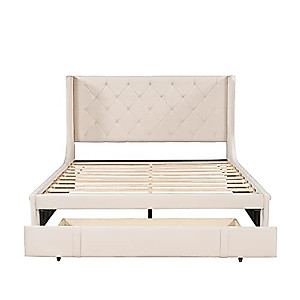 Livavege Queen Bed Frame with Wingback Headboard and Storage Drawers, Velvet Button Tufted Upholstered Platform w/Wooden Slats Support, Queen Size Bedframe No Box Spring Needed, Easy Assembly
