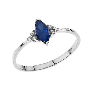 Dazzling 10k White Gold Genuine Marquise Sapphire with White Topaz Proposal/Promise Ring (Size 6)