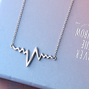 Heartbeat Necklace 925 Sterling Silver Cute Cardiogram Life Line EKG ECG Heartbeat Necklace for Women Teen Girlfriend Wife Nurse Doctor, 18 inch