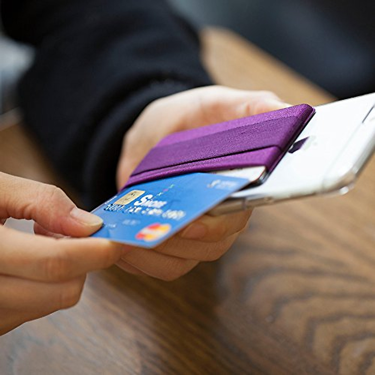 Sinjimoru Cell Phone Grip with Card Wallet, Phone Wallet Stick on Card Holder for Back of Phone, Slim Wallet with Elastic Phone Strap. Sinji Pouch Band Black