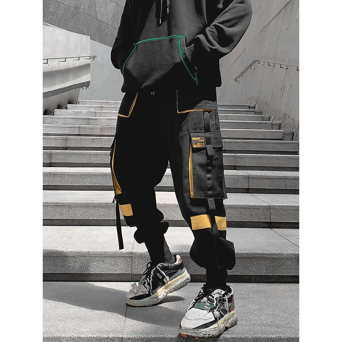 Ambcol Men's Jogger Pants Techwear Hip Hop Harem Pants Streetwear Tactical Track Pants with Drawstring Black-Yellow Medium