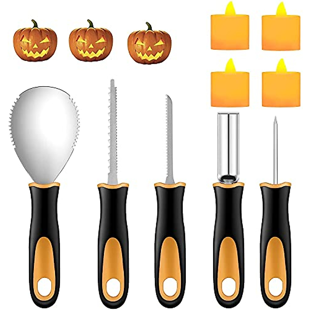 Yixiang Halloween Pumpkin Carving Kit, 5 Pieces Heavy Duty Professional Stainless Steel Carving Tools Set for Halloween Decorations, Included 4 LED Candles