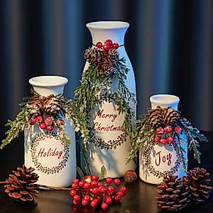 Wortour Artificial Christmas Vase 3-Piece Set Flocked with Mixed Xmas Decorations Ceramic White Bottles (White)