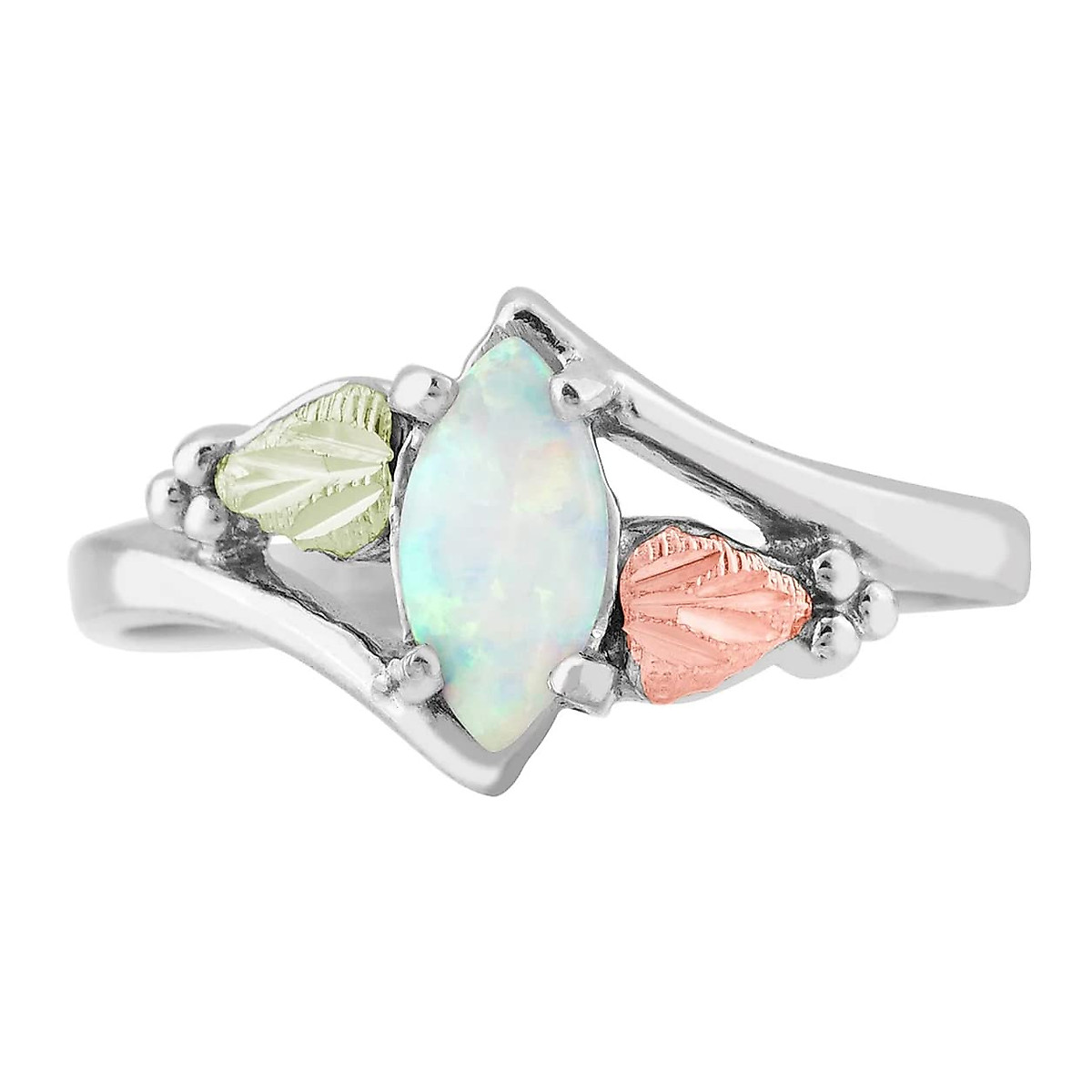 Created Opal Marquise Cabochon Bypass Ring, Sterling Silver, 12k Gold Pink and Green Gold, Size 8