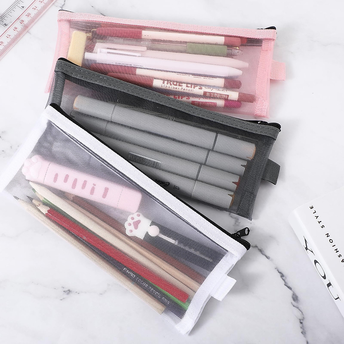 Qianyu 3 Pcs Grid Mesh Storage Case with Handle and Zipper Clear Double-layer Large Capacity Storage Pouch Travel Makeup Bag Cute Simple Toiletry Bag for Adult Office College Students Essentials