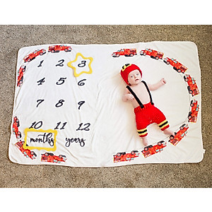 Baby Monthly Milestone Blanket boy | Free: Truck Costume + Star and Rectangular Felt Frames | Plush Extra Soft Fleece | Photography Backdrop Memory | Large 40" x 60" | Newborn