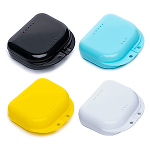 BOOMIBOO Retainer Case with Vent Holes, 4 Pcs Denture Case, Durable & Similar Mouth Guard Case for Black, White, Yellow and Blue - Tight Snap Lock, Easy to Use