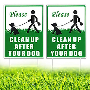 HISVISION Please Clean Up After Your Dog 2 Pack, 12" x 9" Yard Sign with Metal Wire H-Stakes, UVresistance, Waterproof, Non-Fading, Easy to Install No Pooping Dog Lawn Sign- Double Sided