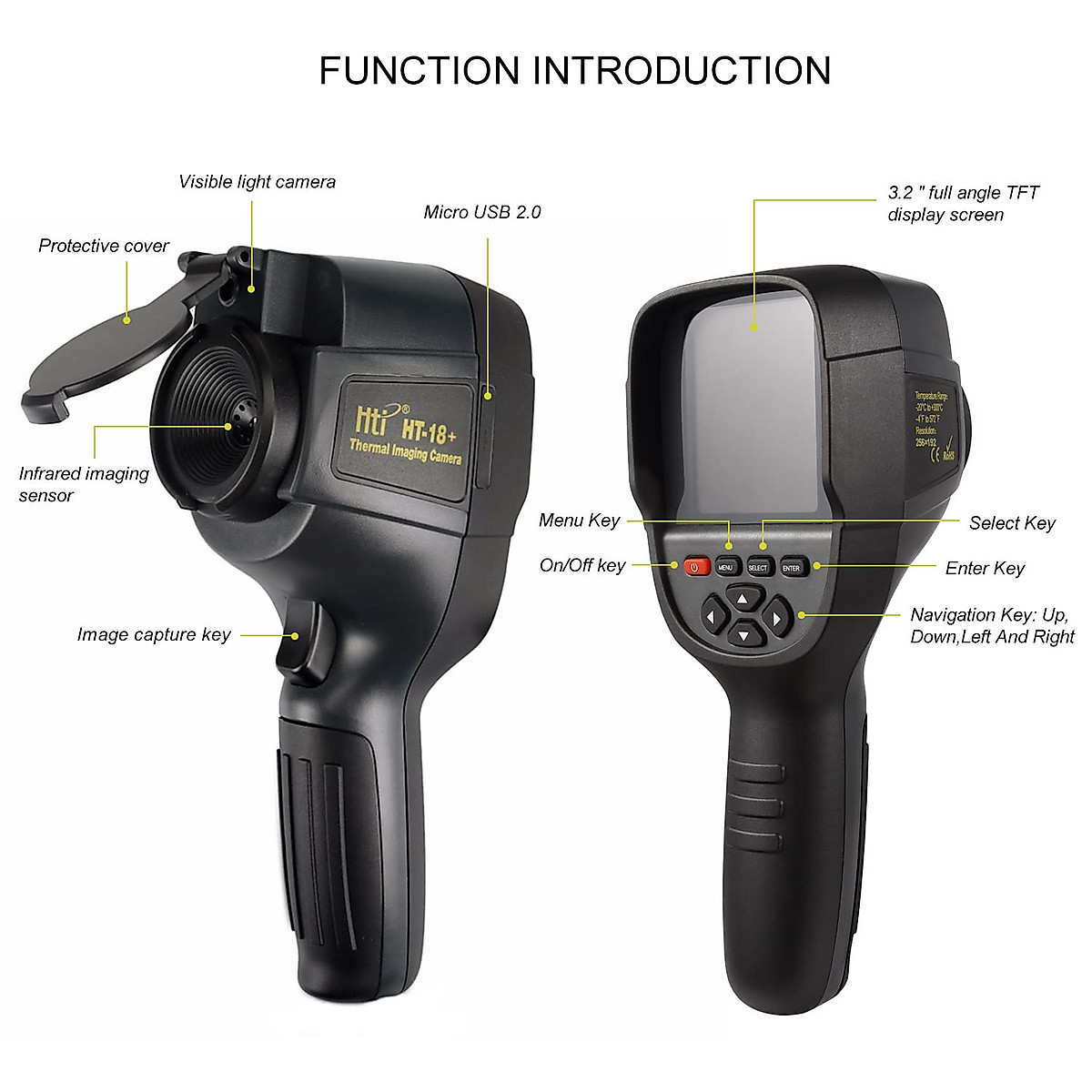 256X192 Higher IR Resolution HT-18+ Handheld Thermal Camera from HTI - Newest Update, IR Resolution Improved to 256x192 with 25 HZ, 300,000 Pixels, Easy to Read 3.2" Color Display, Includes Battery