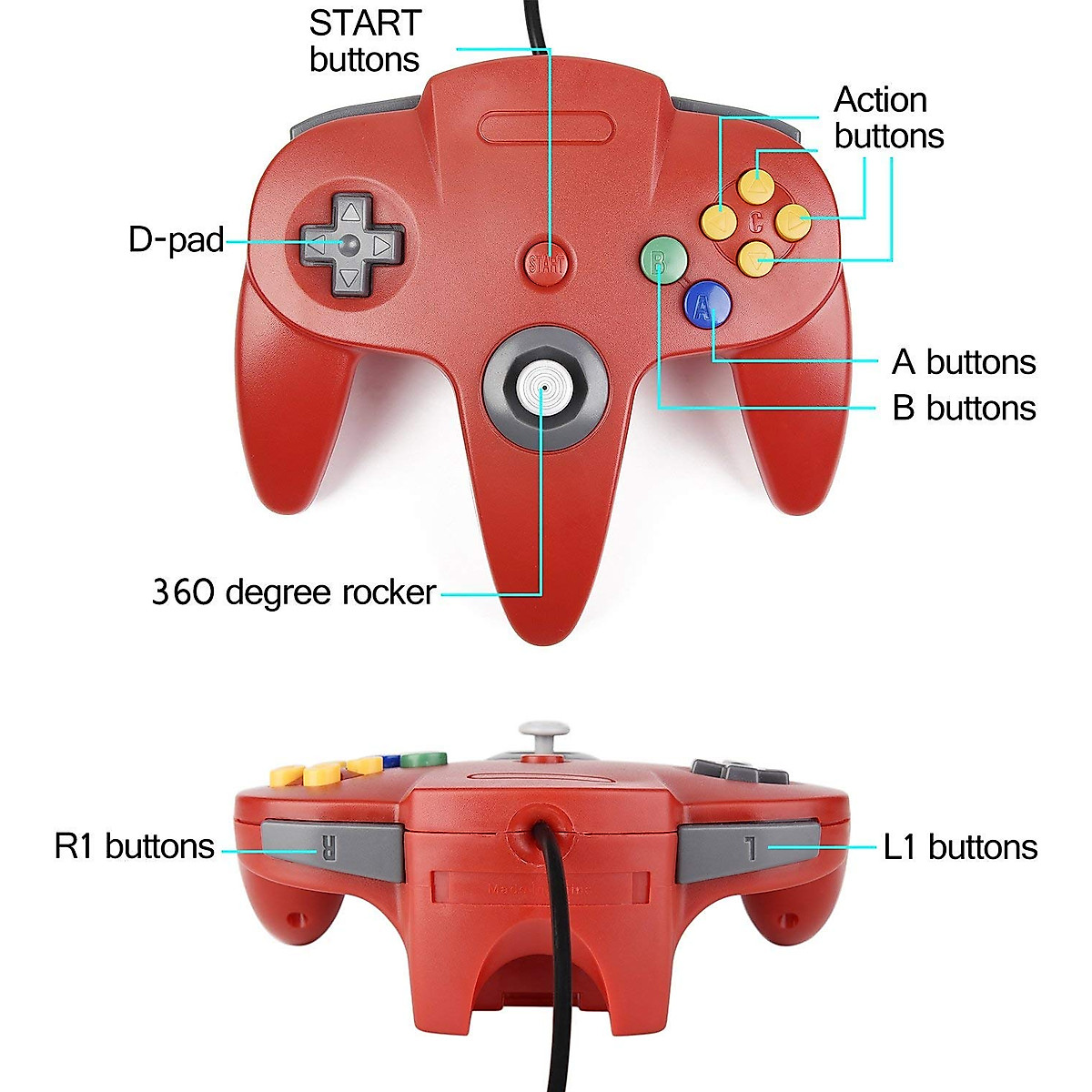 KIWITATA 2 Pack Classic N64 Controller, Retro N64 Remote Joystick Replacement Wired Gaming Controller for N64 Video Gaming System Console Red & Black