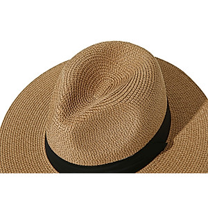 JOYEBUY Womens UPF50 Foldable Summer Straw Hat Wide Brim Fedora Sun Beach hat (Brown)