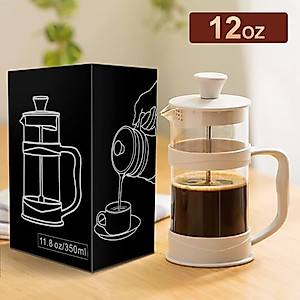 PARACITY French Press Coffee/Tea Maker, Camping Mini Coffee/Tea Press of 304 Stainless Steel Filter and Heat Resistant Glass, Cold Brew Coffee Maker 11.8OZ for Travel& Home Gift(White)